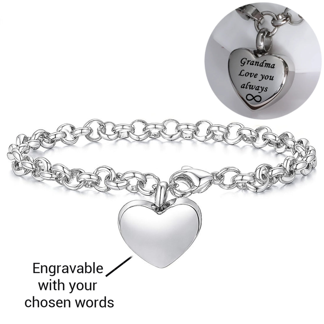 Silver Engraved Cremation Ashes Heart Urn Bracelet - Self Fill Keepsake ...